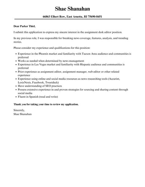 Assignment Desk Editor Cover Letter Velvet Jobs