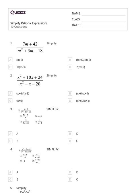 Rational Expressions Worksheets For Th Class On Quizizz Free
