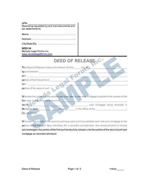 DEED OF RELEASE Nevada Legal Forms Services