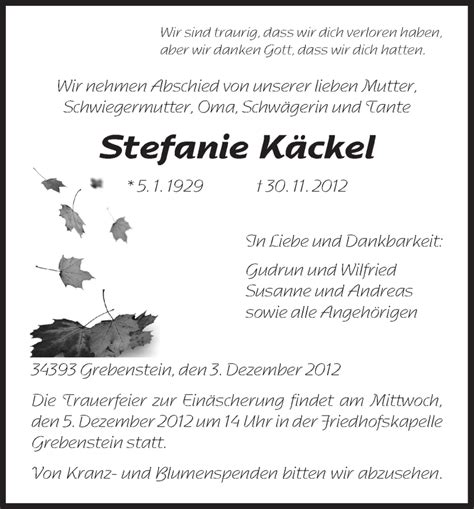 Traueranzeigen von Stefanie Käckel Trauer HNA de