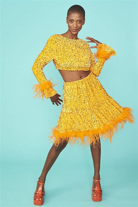 Jayley Orange Sequin Skater Skirt With Feather Trim Womenswear From Jayley Uk