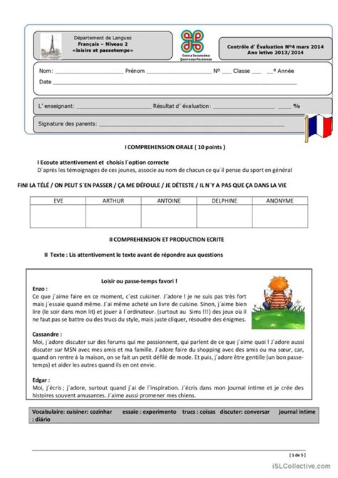 Contrôle niveau 2 Loisirs compréh Français FLE fiches pedagogiques