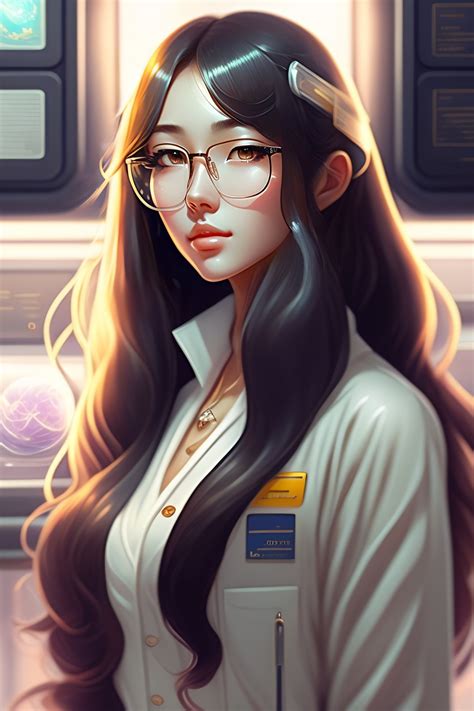Lexica Beautiful Anime Girl With Long Hair Wearing Lab Coat And Glasses Holding A Clipboard