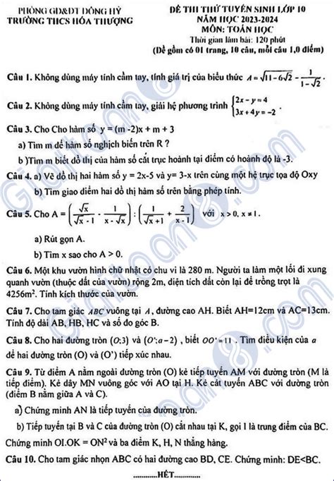 Đề thi thử vào 10 môn Toán năm 2023 2024 trường THCS Hoá Thượng Thái