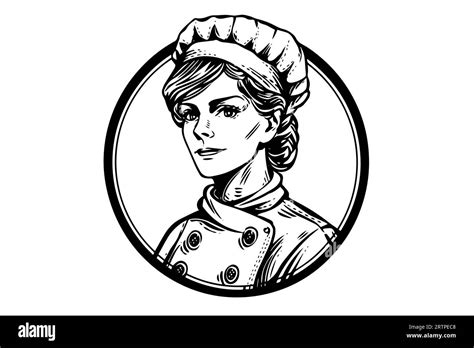 Woman Chef Ink Sketch In Engraving Style Drawing Young Female Vector Illustration Stock Vector