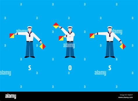 Flat Design Sailors Waving SOS With Signal Flags From Flag Semaphore
