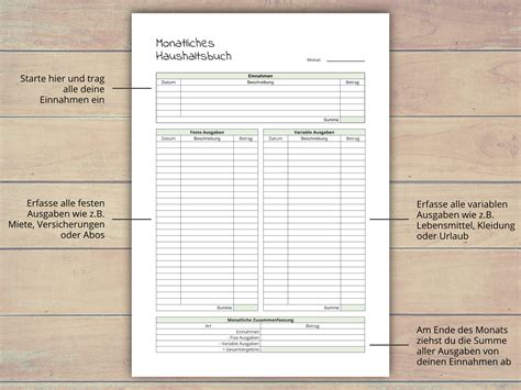 Monatliches Haushaltsbuch PDF A4 Format Haushaltsplan für Einnahmen