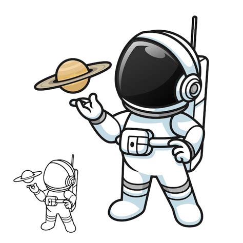 Lindo Astronauta Con Mano Presentando El Planeta Saturno Con Dibujo De