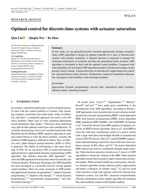 pdf optimal control for discrete time systems with actuator saturation