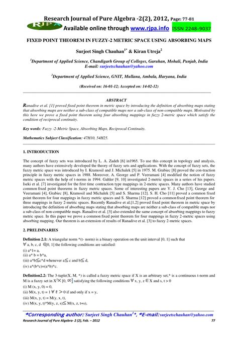 pdf fixed point theorem in fuzzy 2 metric space using absorbing maps