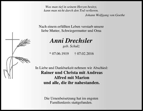 Traueranzeigen Von Anni Drechsler Trauer In NRW De