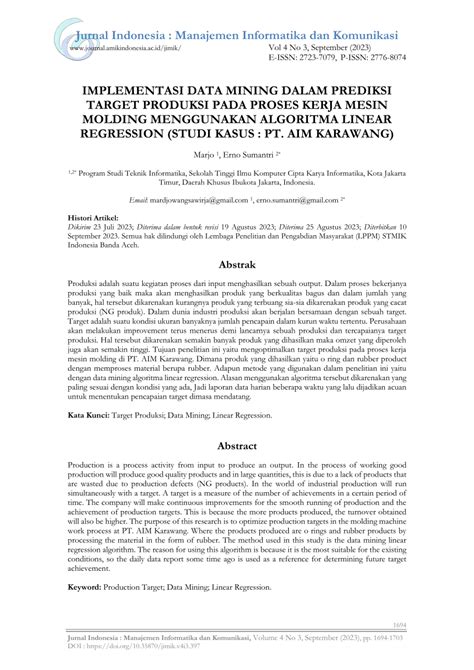 pdf implementasi data mining dalam prediksi target produksi pada proses kerja mesin molding