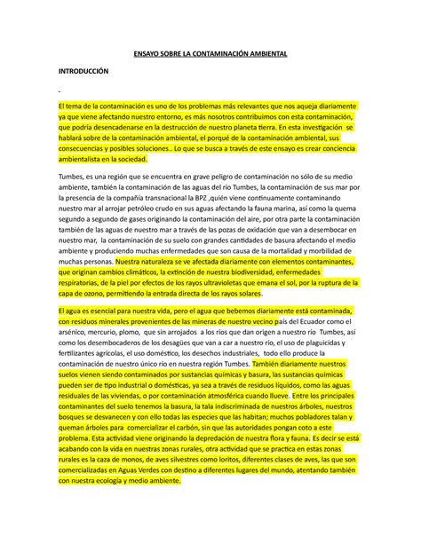Ensayo Sobre LA Contaminacion Ambiental ENSAYO SOBRE LA CONTAMINACIÓN