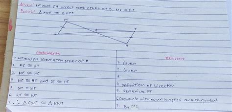 directions complete the two column proof given mt and sh bisect each other at e mshtprove