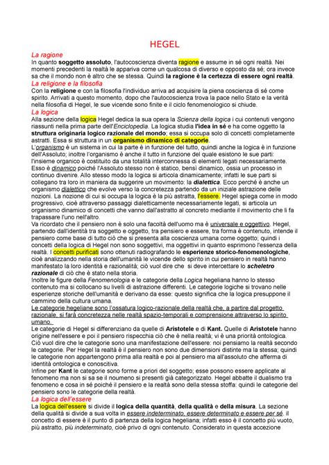 Hegel Appunti Di Lezione Integrati Con Il Libro HEGEL La Ragione In
