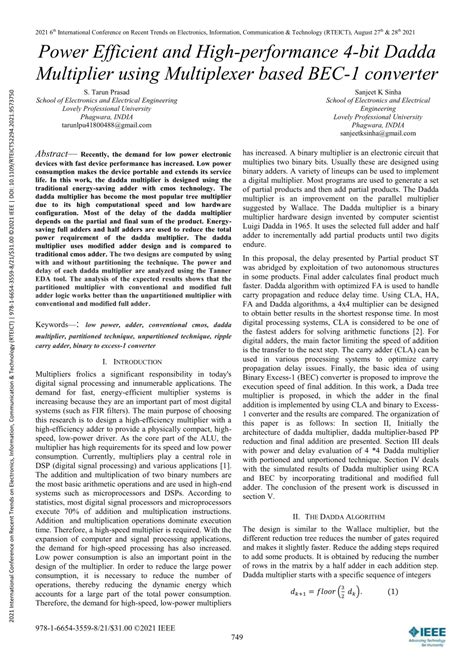 pdf power efficient and high performance 4 bit dadda multiplier using multiplexer based bec 1