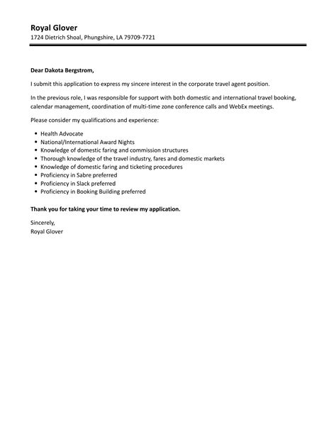 Corporate Travel Agent Cover Letter Velvet Jobs