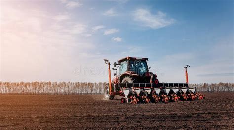 Spring Sowing Season Farmer With A Tractor Sows Corn Seeds On His