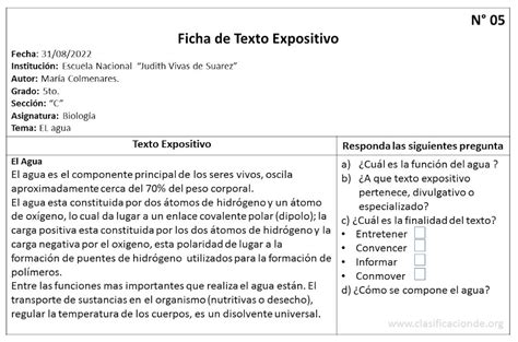 4 Ejemplos de fichas de textos expositivos Cómo se clasifican