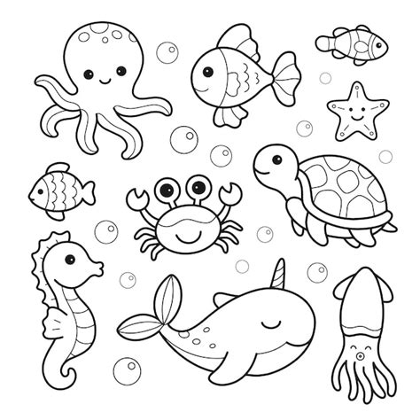 Desenho De Animais Marinhos Polvo Peixe Tartaruga Narval Cavalo Marinho