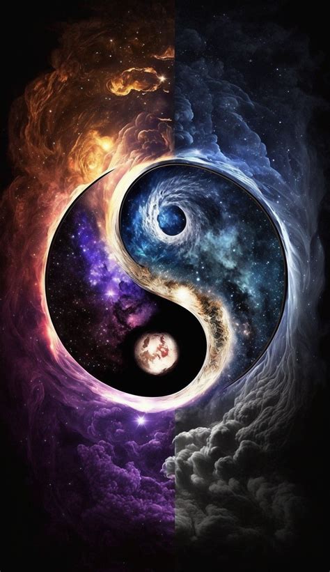 Two Yin Yangs In The Middle Of Space With Clouds And Stars Around Them