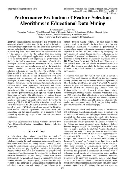 pdf performance evaluation of feature selection algorithms in educational data mining