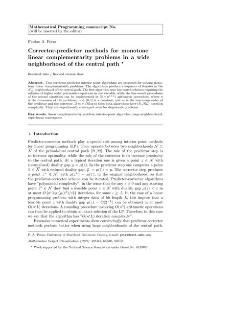 pdf corrector predictor methods for monotone linear complementarity problems in a wide