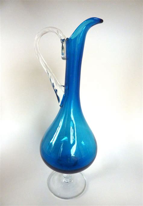 Vintage Blue Art Glass Pitcher Vase Hand Blown Italian Glass Applied Clear Glass Twisted Stem