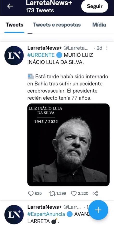 Fake News Veículo de comunicação LarretaNews anuncia que Lula morreu