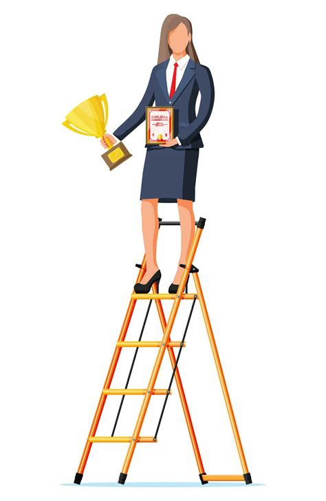 Businesswoman On Ladder Holding Trophy Showing Award Certificate