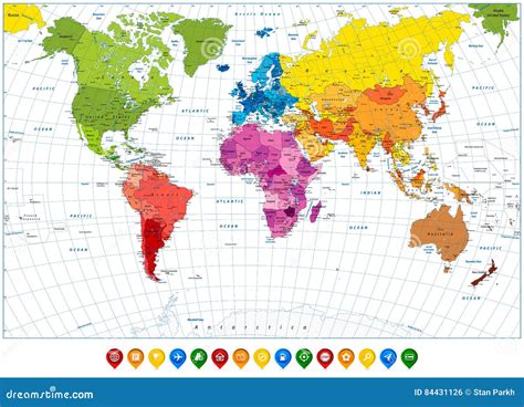 Mapa Do Mundo Continentes Coloridos E Os Ponteiros Lisos Do Mapa