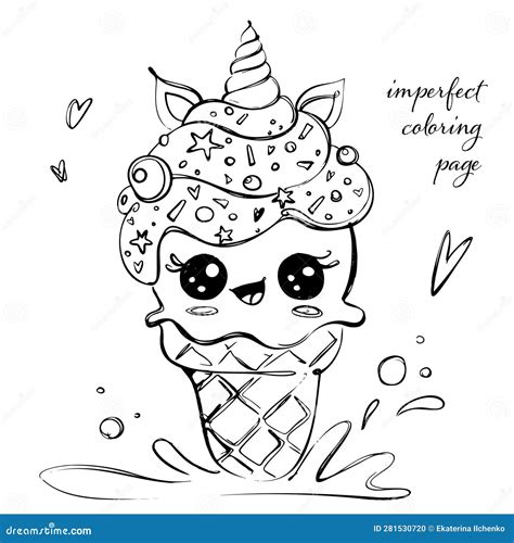 Kawaii Ice Cream Cone Imperfect Vector Line Drawing Coloring Page