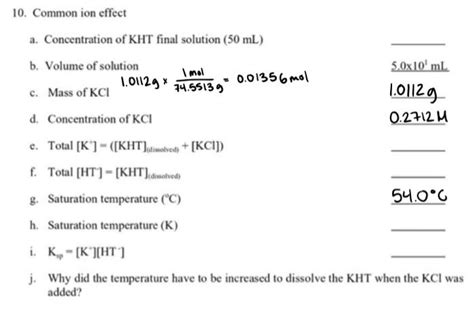 Solved 10 Common Ion Effect A Concentration Of KHT Final Chegg