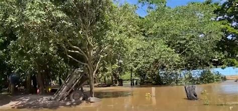Ruas e casas ficam alagadas após nível de rio subir em cidade do