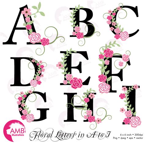 TRIO Floral Alphabet Clipart Pack Shabby Chic Wedding Pink Roses