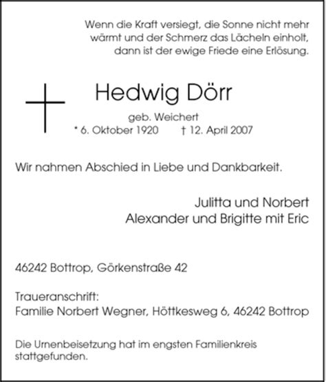 Traueranzeigen von Hedwig Dörr Trauer in NRW de