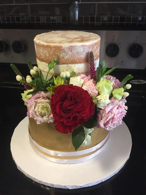 Homemade Gold Semi Naked Cake With Fresh Flowers R Food