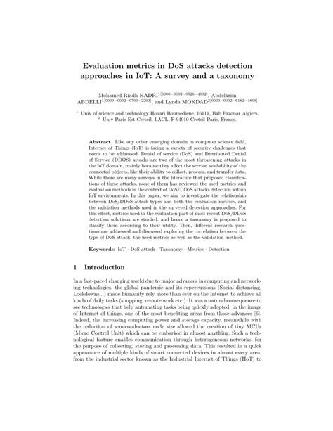 pdf evaluation metrics in dos attacks detection approaches in iot a survey and a taxonomy