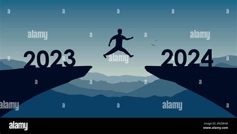 Man Jumping Over A Cliff From 2023 To 2024 Happy New Year Stock Vector