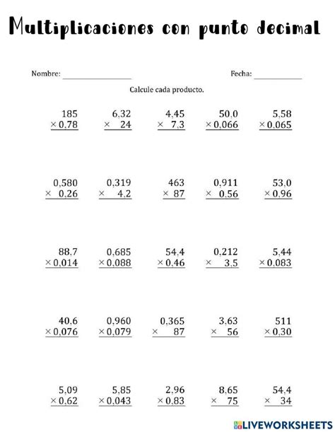 Multiplicaciones Con Punto Decimal Worksheet Decimals Decimals