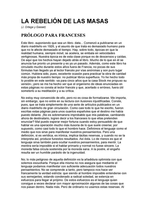 La rebelion de las masas LA REBELIÓN DE LAS MASAS J Ortega y Gasset