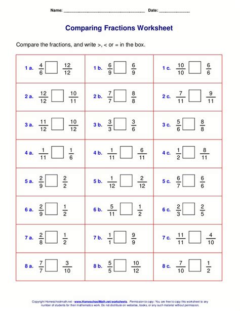 Free Printable Comparing Fractions Worksheets