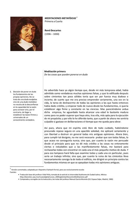 René Descartes Meditaciones metafísicas 1ra meditación comentada