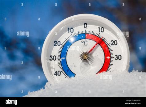 Thermometer With Celsius Scale In Melting Snow Showing Plus 13 Degree