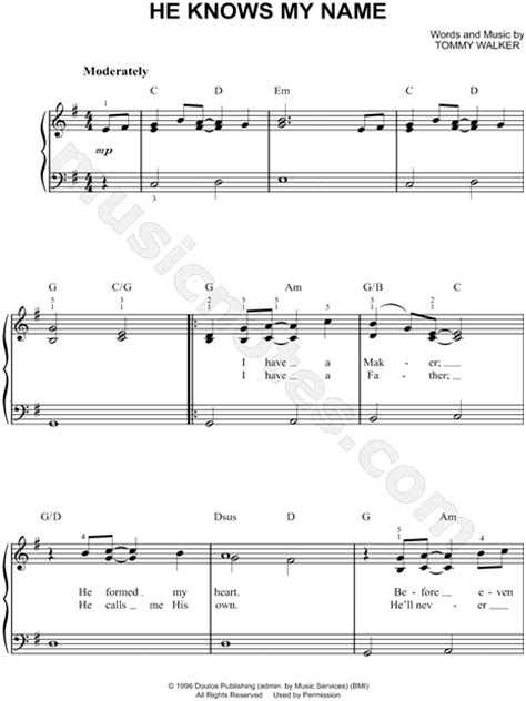 Tommy Walker He Knows My Name Sheet Music Easy Piano In G Major