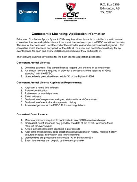 Fillable Online ECSC Contestant Annual Licence Application Information