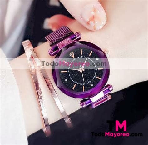 Reloj Morado Extensible Metal Mesh ImanCaratula Destellos Y Diamantes