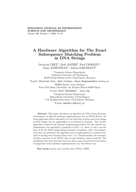 pdf a hardware algorithm for the exact subsequence matching problem in dna strings