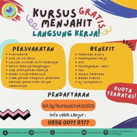 Dibuka Pendaftaran Kursus Menjahit Gratis Langsung Kerja Mitra Aditama