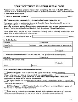 Fillable Online YEAR 7 SEPTEMBER 2019 START APPEAL FORM Ealing Gov Uk